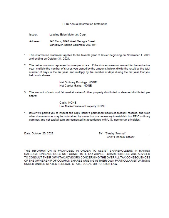 INVESTORS - Leading Edge Materials Corp